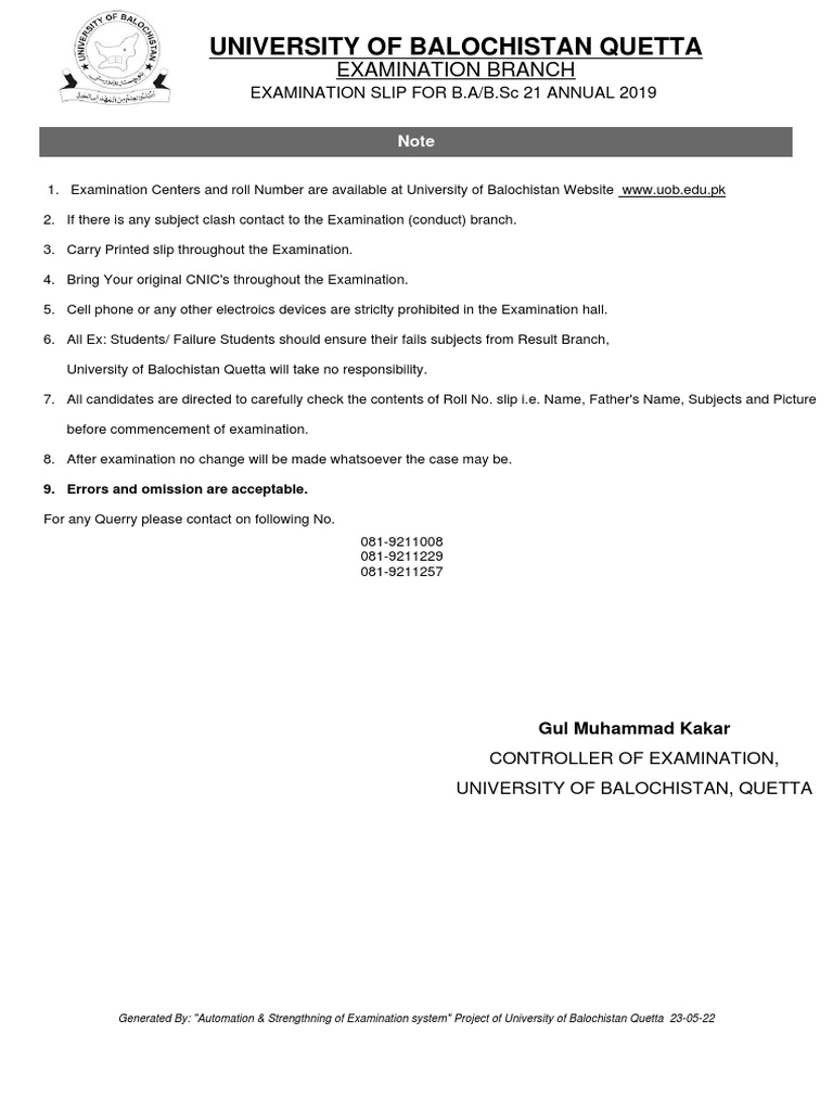 University of Balochistan Quetta: Examination Branch | PDF
