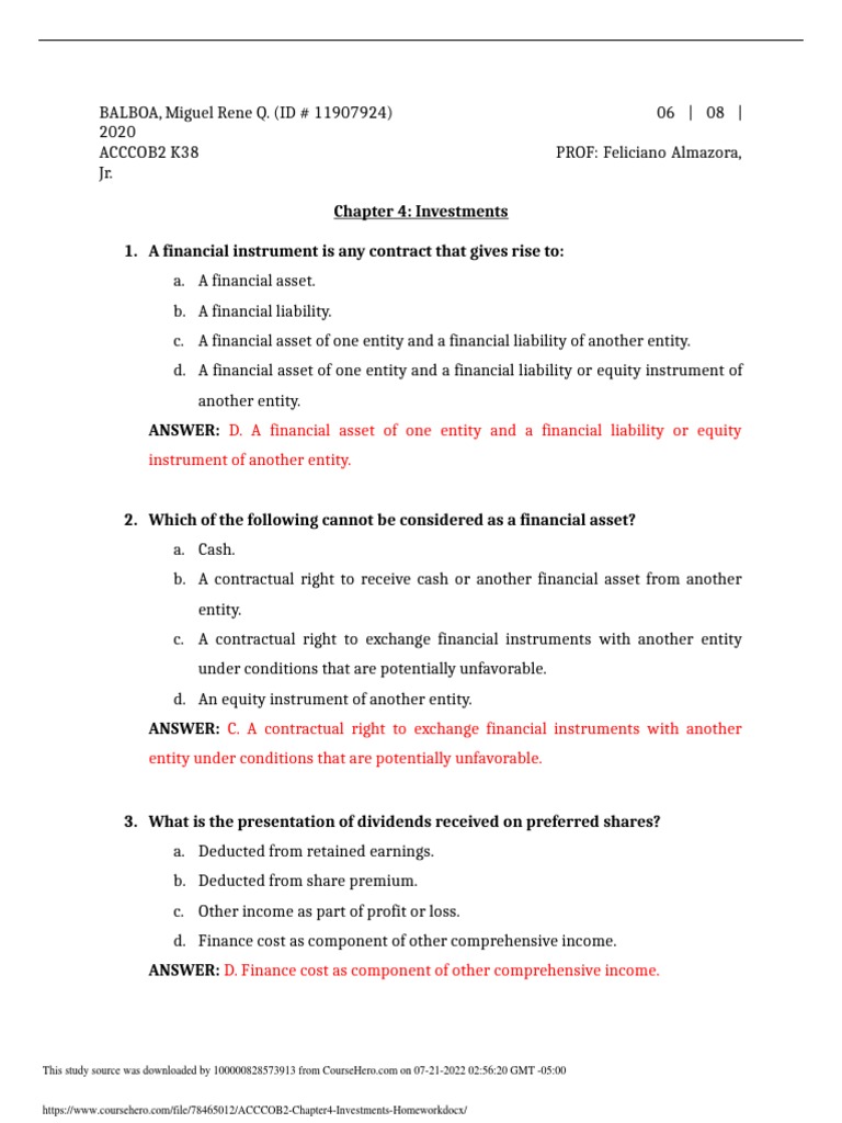 Chapter 4: Investments 1. A Financial Instrument Is Any Contract That ...