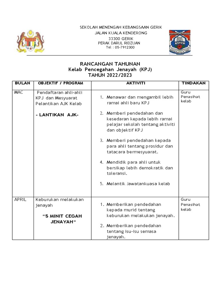 Takwim Tahunan KPJ SMKG | PDF