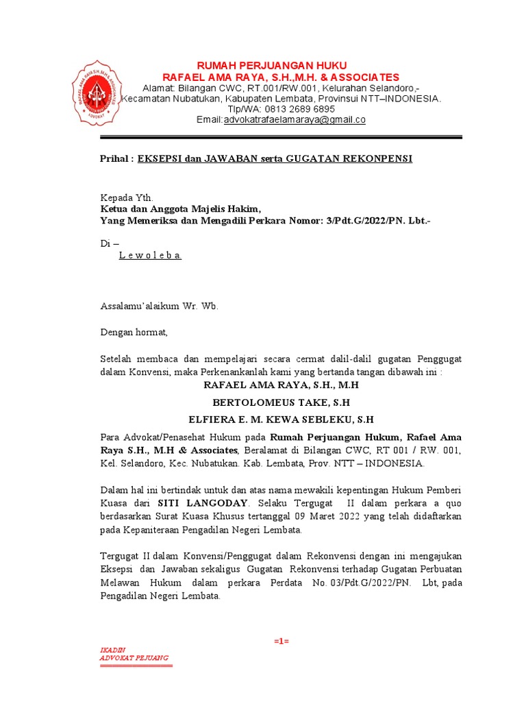 Eksepsi dan Gugatan Rekonvensi Perdata | PDF