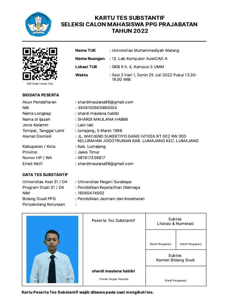 Kartu Tes Substantif Shardi - Maulana - Habibi 2207191104 | PDF