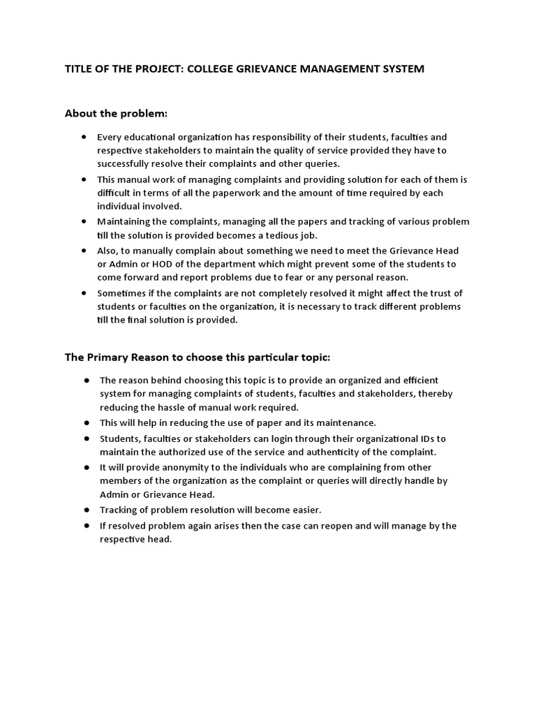 Student Grievance Management System Synopsis | PDF | Systems Engineering | Information Technology