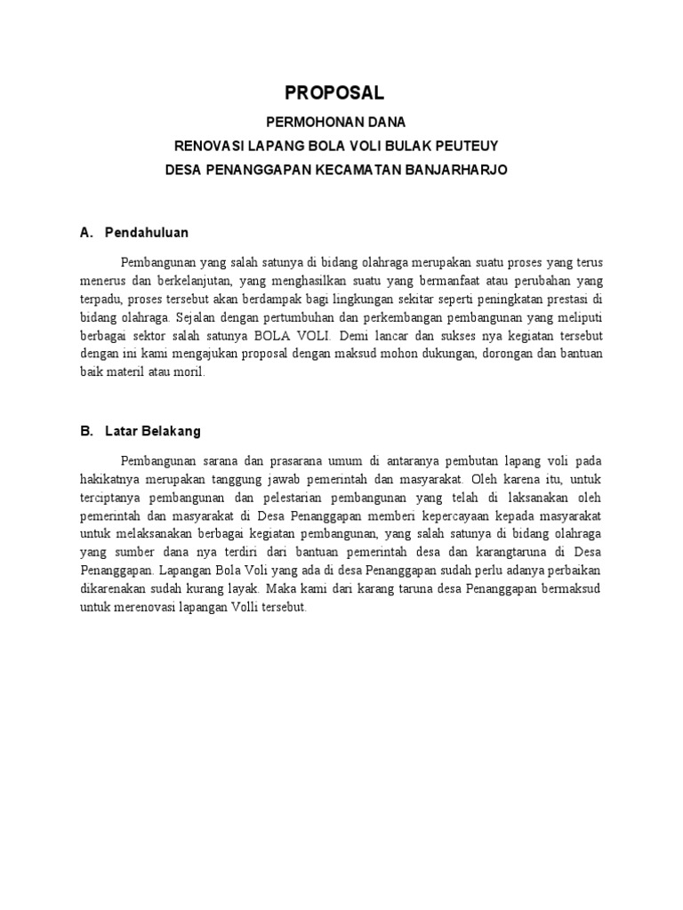 Proposal Permohonan Dana Renovasi Lapang Bola Volly Karang Taruna Desa Nunuk Baru PDF Free | PDF