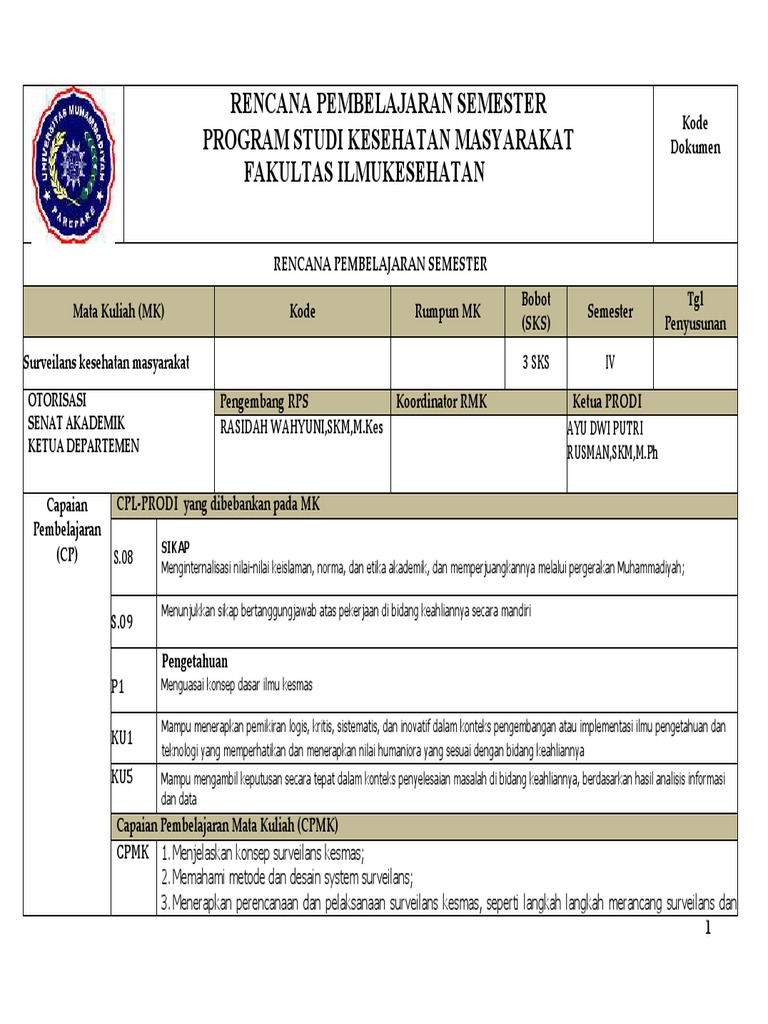 RPS Surveilans Kesmas Pekerti | PDF | Karier & Perkembangan | Sains & Matematika
