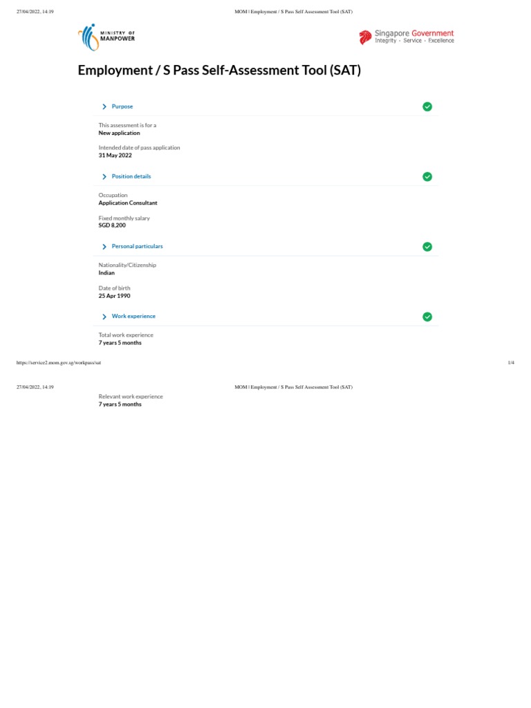 MOM - Employment - S Pass Self Assessment Tool (SAT) | PDF | Employment