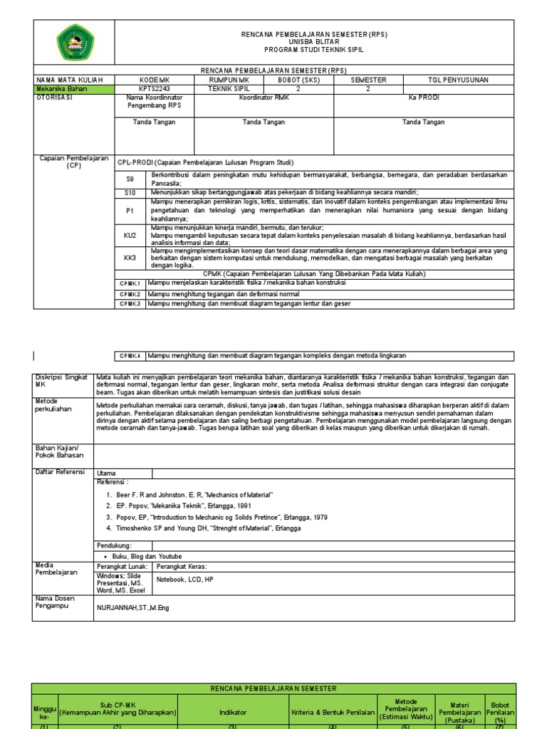 RPS Mekanika Bahan Semester 2 | PDF | Teknologi & Rekayasa