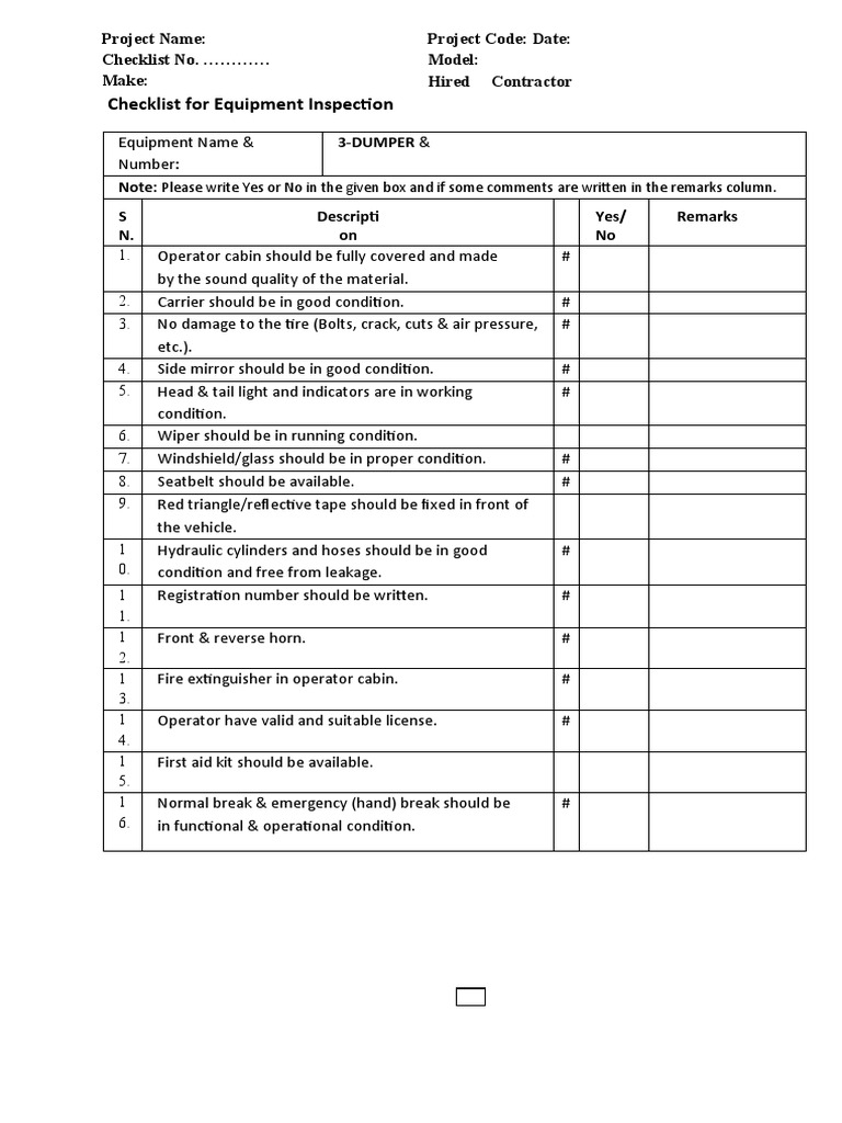 Dumper Equipment Inspection Checklist | PDF