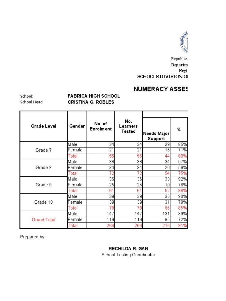 Fabrica High School-Numeracy Test Results | PDF