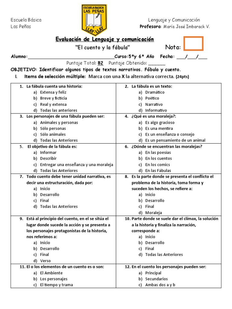 Prueba Del Cuento y La Fabula para 5 y 6 Año 2022 | PDF | Cuentos | Fábula