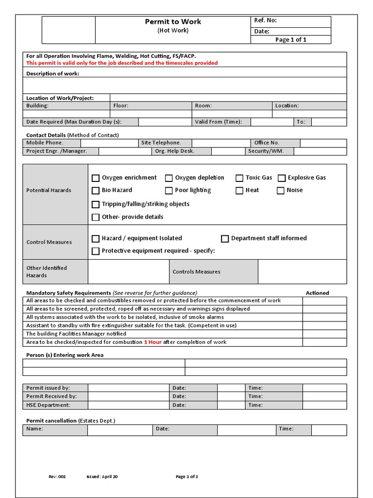 Permit To Work PTW - Hot Work Sample | PDF | Combustion | Hazards