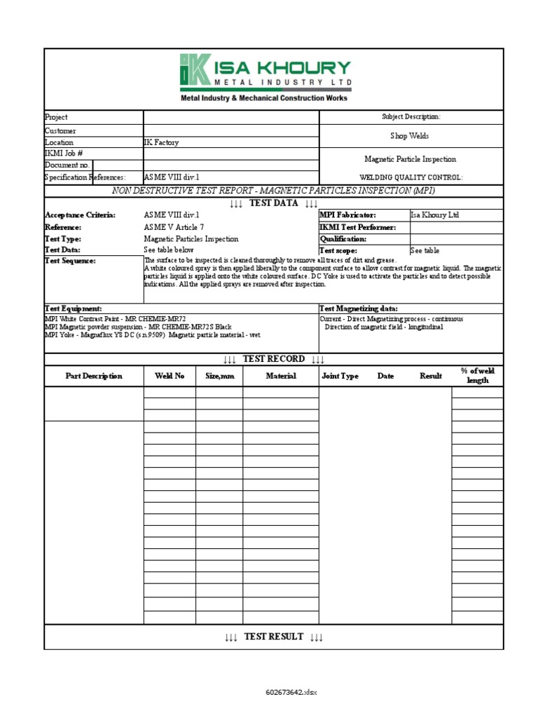 Non Destructive Test Report - Magnetic Particles Inspection (Mpi) | PDF ...