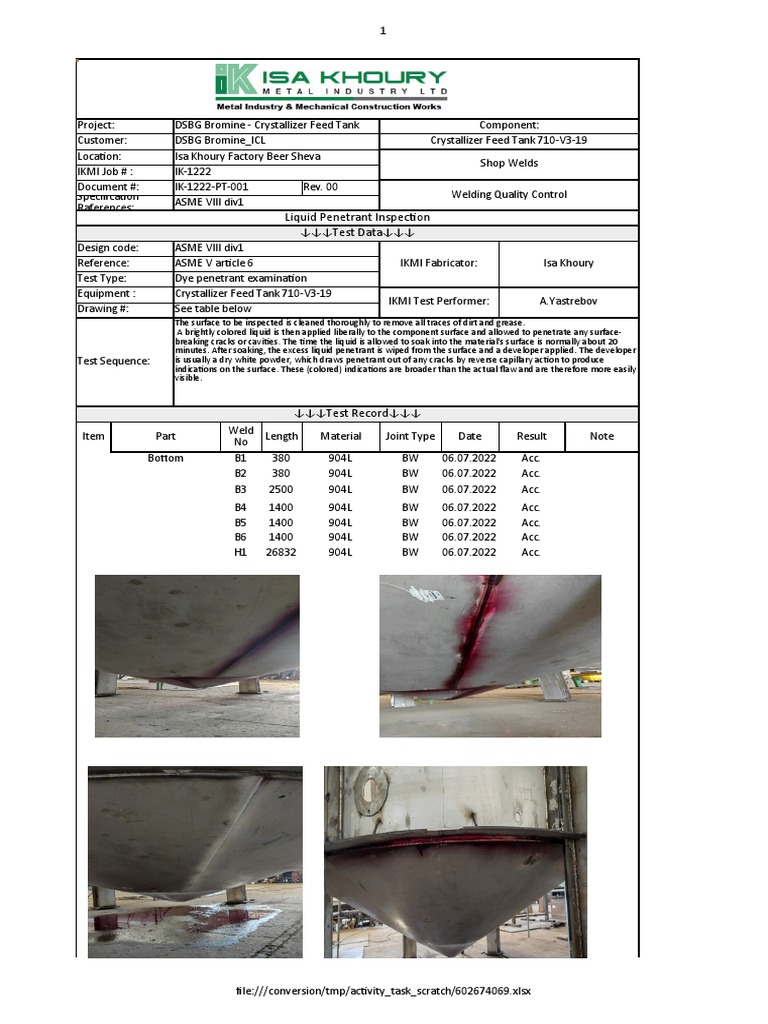 Liquid Penetrant Inspection Test Data | PDF | Secondary Sector Of The ...