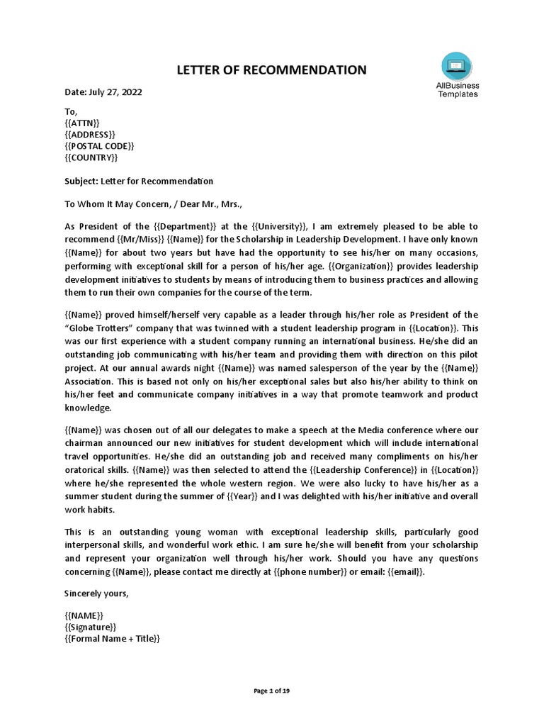 Recommendation Letter Student Template4 | PDF | University | Leadership