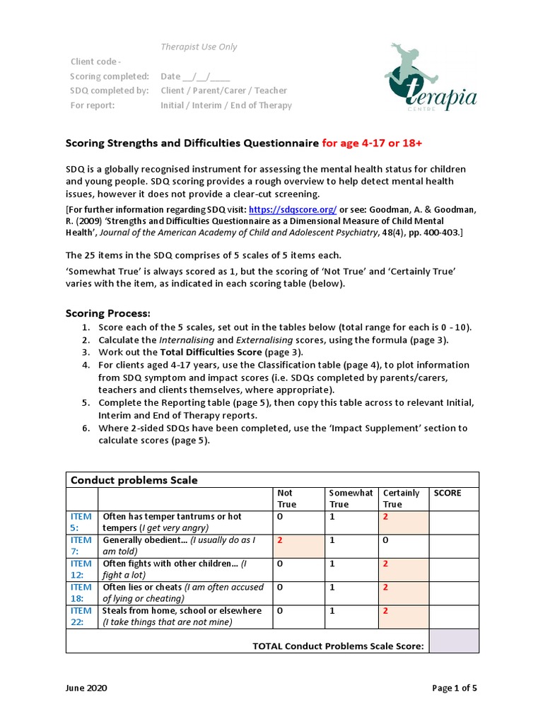 Scoring Strengths and Difficulties Questionnaire: For Age 4-17 or 18 ...