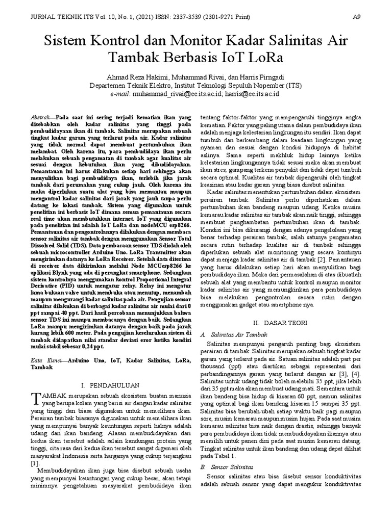 MONITORING DAN KONTROL KADAR SALINITAS AIR TAMBAK BERBASIS IOT LORA | PDF
