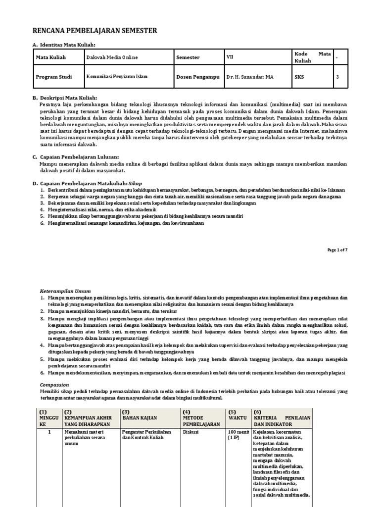 RPS Mata Kuliah Dakwah Media Online | PDF
