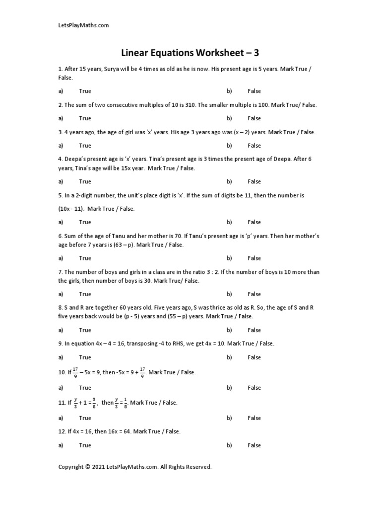 Linear Equations Worksheet-3 | PDF | Mathematics | Mathematical Objects