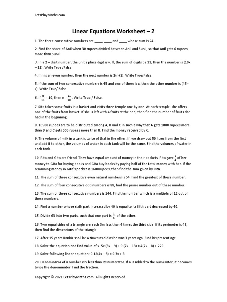 Linear Equations Worksheet-2 | PDF | Numbers | Algebra