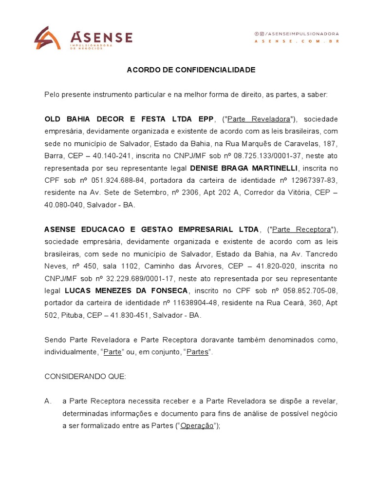 (NDA) Acordo de Confidencialidade - MODELO | PDF | Informação