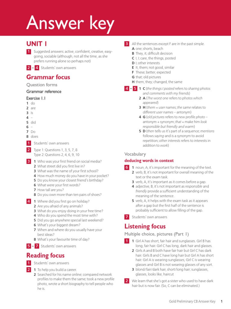 Gold B1 Preliminary NE CB Standalone Answer Key | PDF | Verb | Lunch