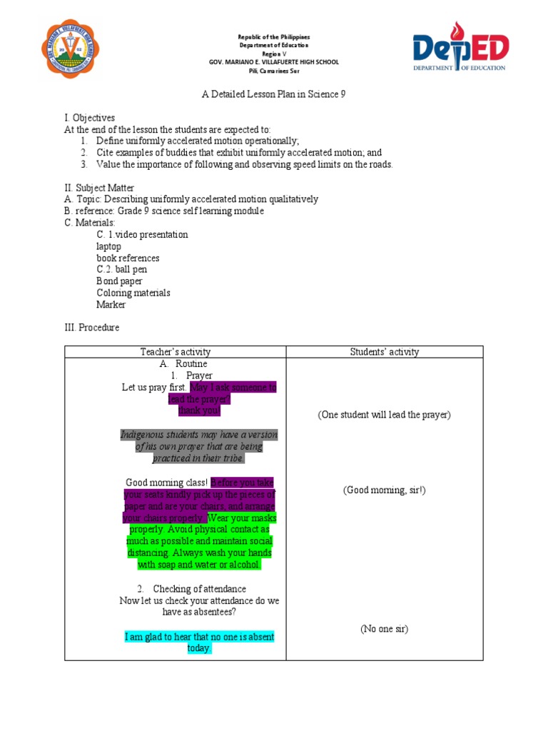 A Detailed Lesson Plan in Science 9 | PDF | Acceleration | Speed