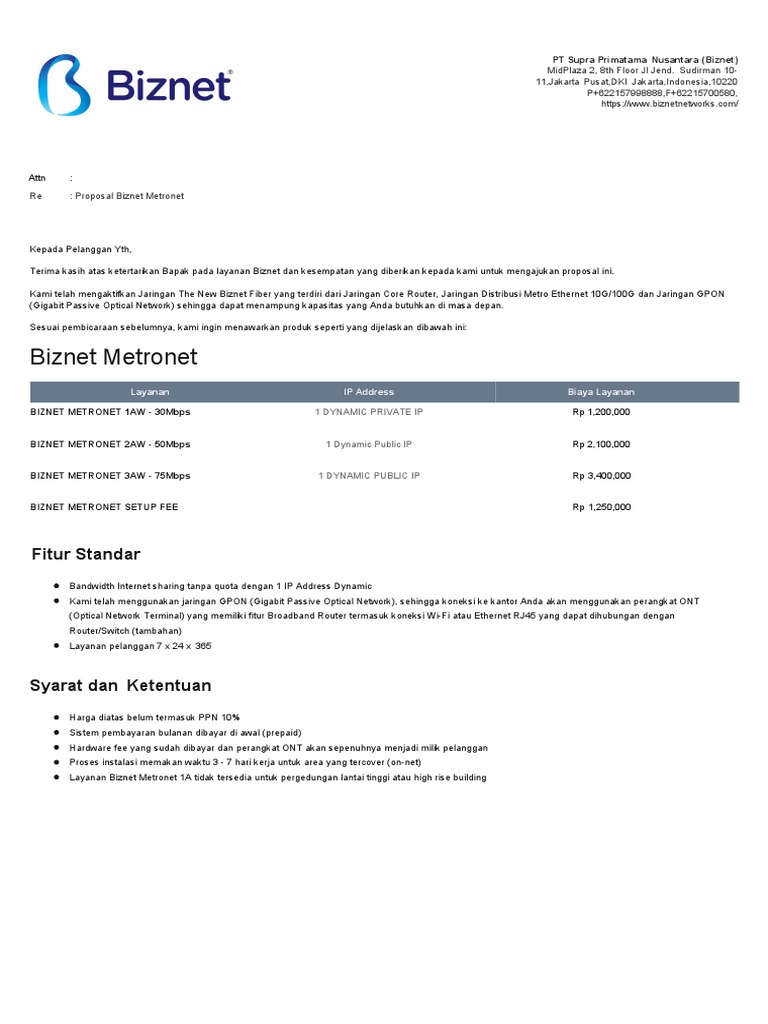 Harga dan Layanan Biznet Metronet | PDF