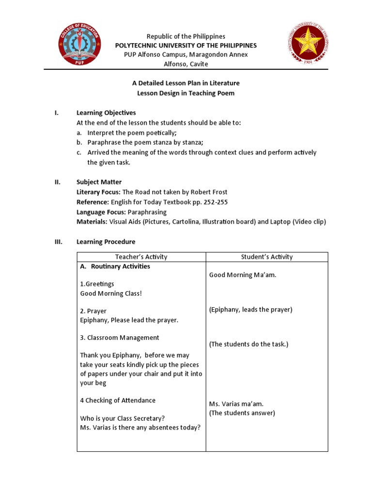 A Detailed Lesson Plan in Literature | PDF | Lesson Plan | Poetry