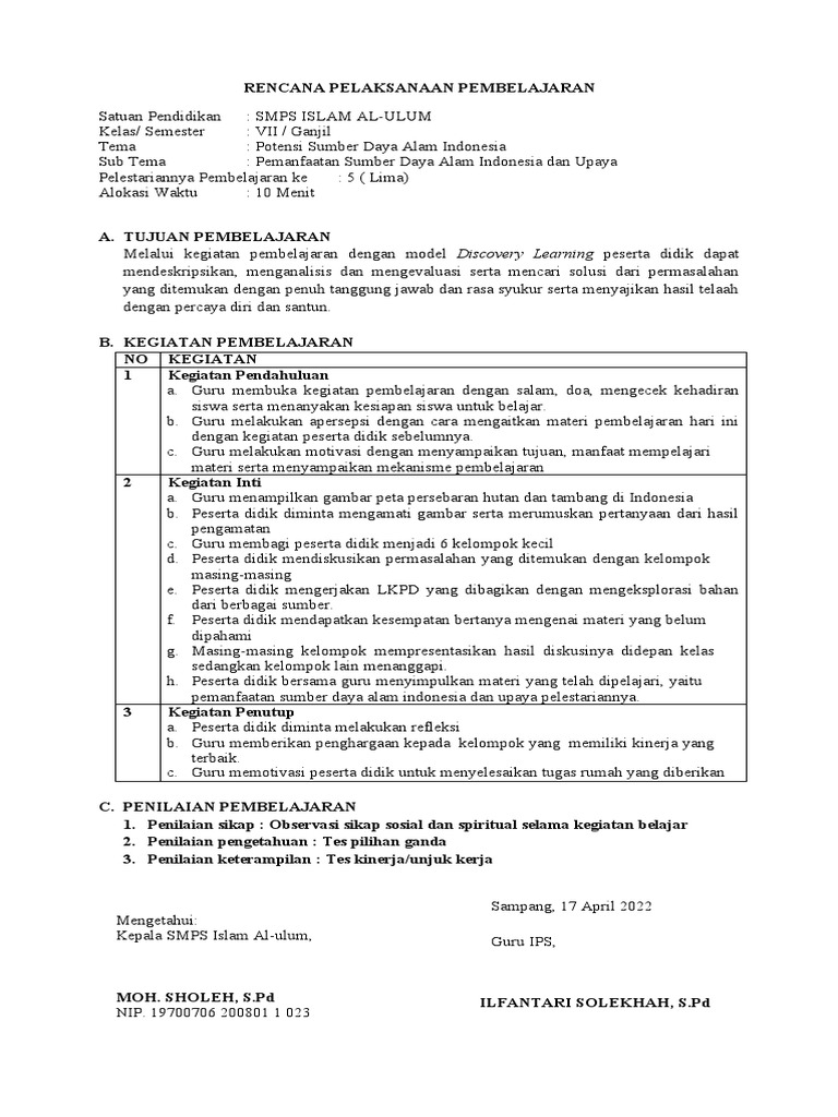 RPP Pemanfaatan Sda Indonesia Ips Kelas Vii | PDF