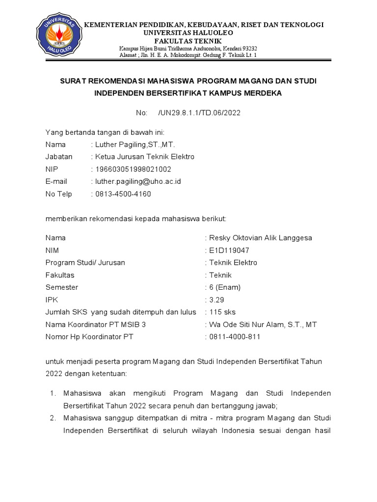(Format) Surat Rekomendasi PT Untuk Mahasiswa Program MSIB Angkatan 3 | PDF