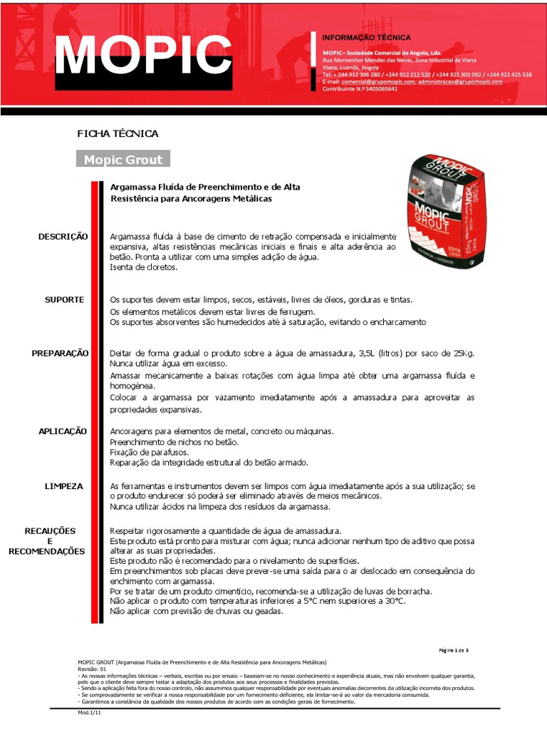 Mopic - Grout - Ficha Técnica | PDF | Argamassa (alvenaria) | Concreto