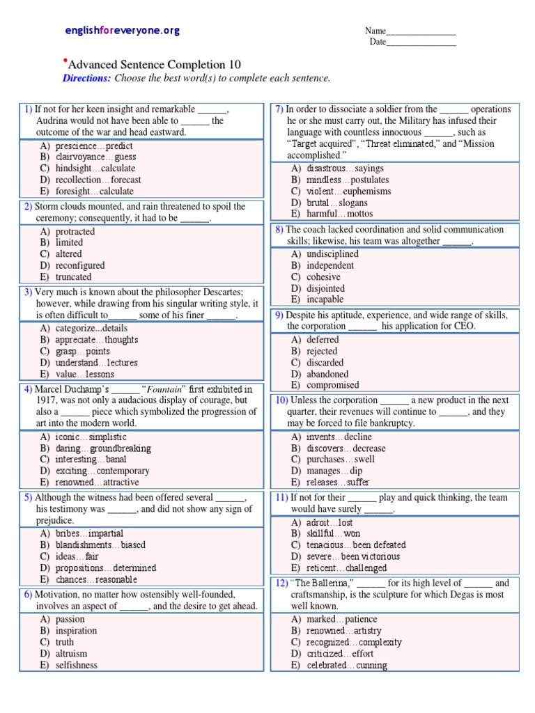 Advanced Sentence Completion 10 | PDF | Cognitive Science | Cognition