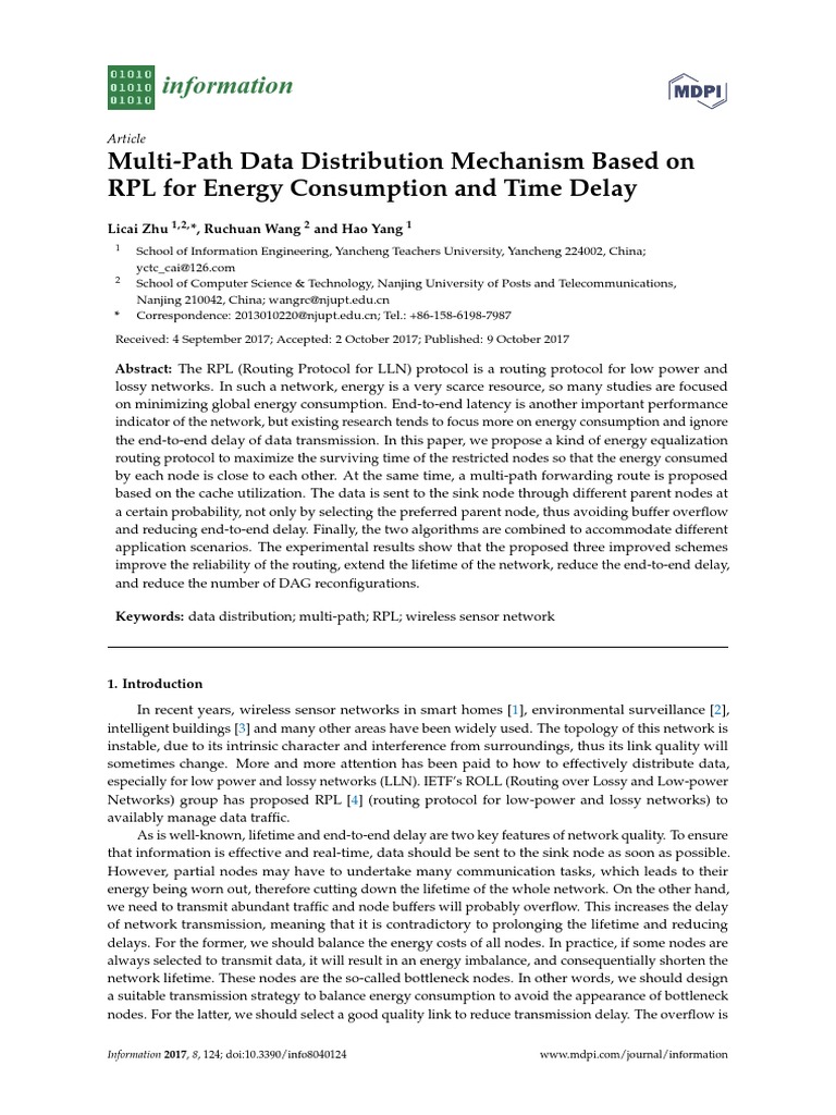 Information: Multi-Path Data Distribution Mechanism Based On RPL For Energy Consumption and Time ...