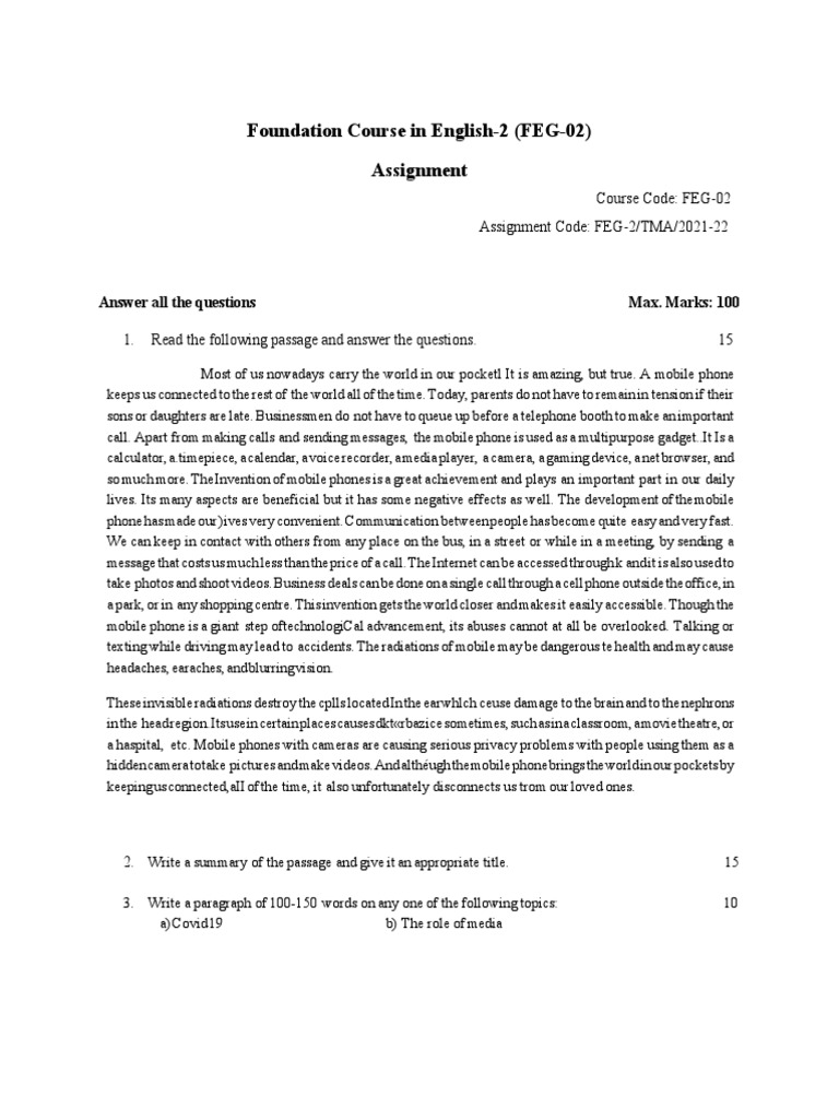 Foundation Course in English-2 (FEG-02) Assignment | PDF | Telephone ... Foundation Course in English-2 (FEG-02) Assignment | PDF | Telephone ...