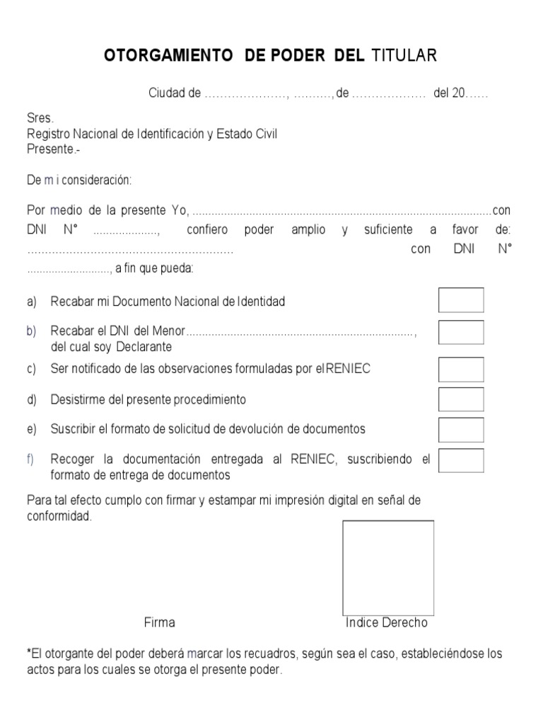 Otorgamiento - Poder para Reniec | PDF