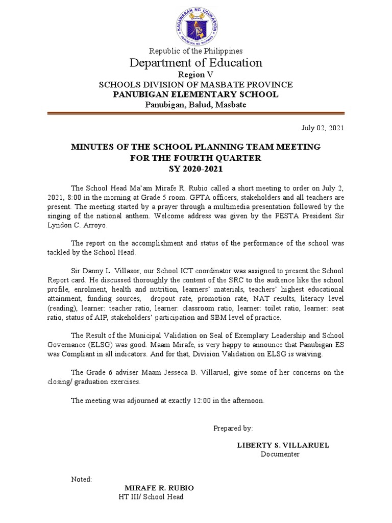 Minutes of The School Planning Team Meeting | PDF