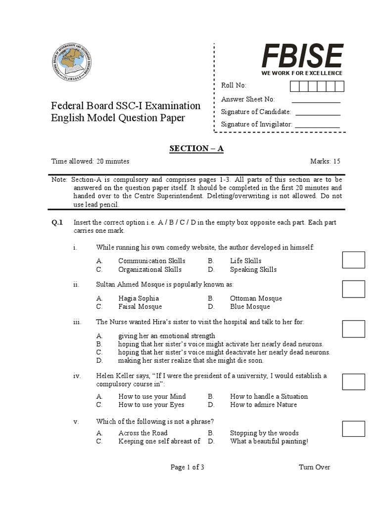 Fbise: Federal Board SSC-I Examination English Model Question Paper ...