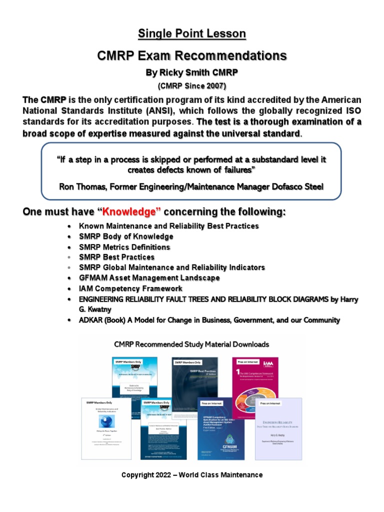 Single Point Lesson - CMRP Exam Recommendations | PDF | Reliability ...