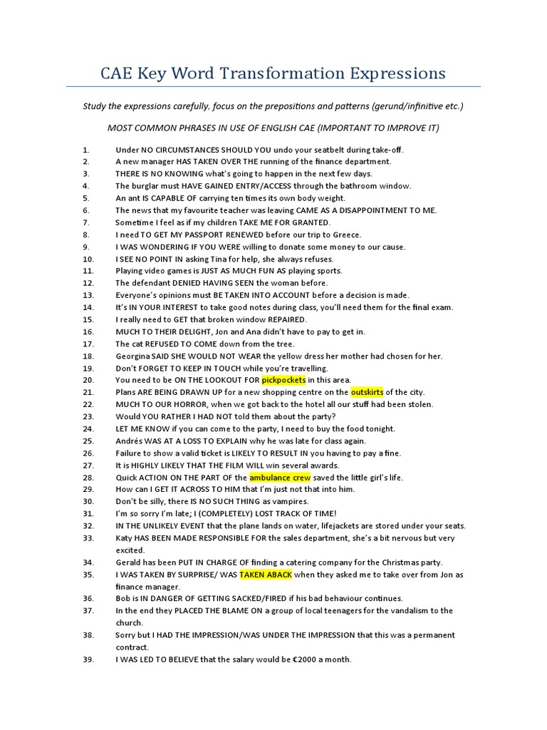 CAE Key Word Transformation Expressions | PDF