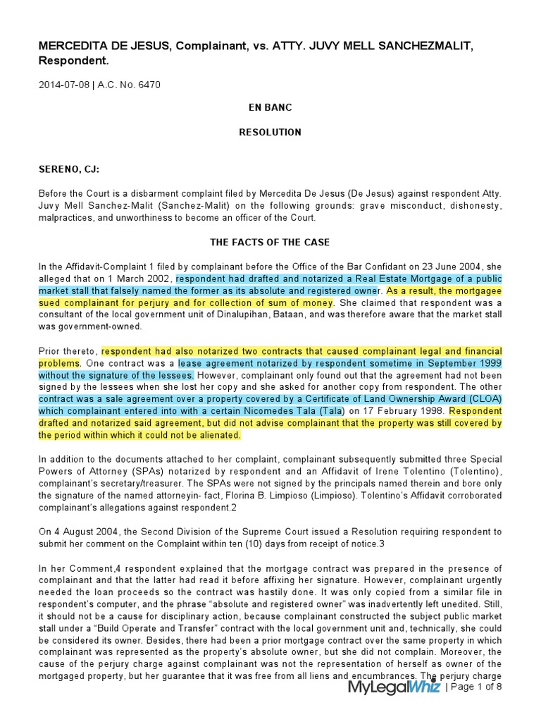6 Mercedita de Jesus Vs Sanchez-Malit | PDF | Notary Public | Mortgage Law