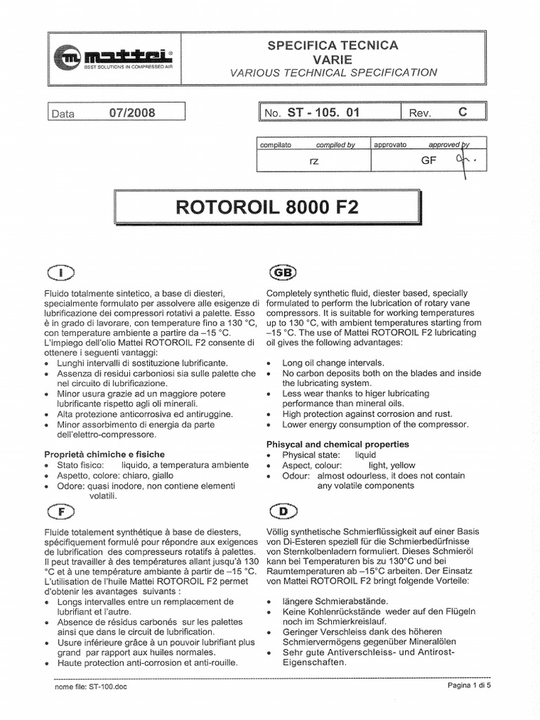 Especificaciones del Rotoroil F2 Mattei | PDF | Química Física | Materiales