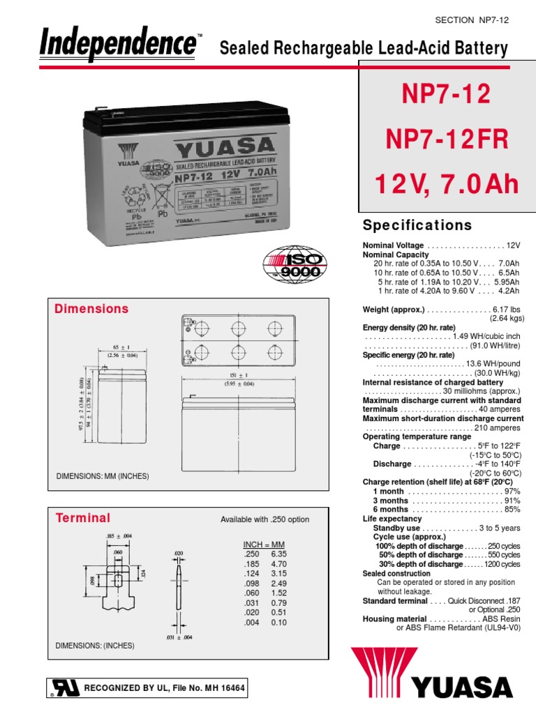 NP7-12 NP7-12FR 12V, 7.0ah: Sealed Rechargeable Lead-Acid Battery | PDF ...