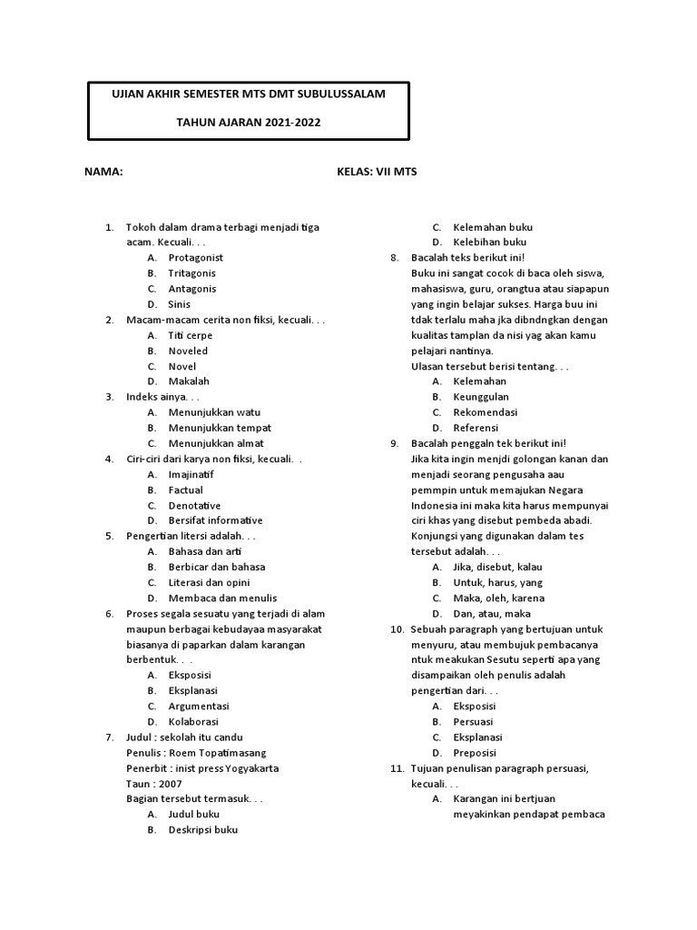 Soal Bahsa Indonesia Kelas 2 | PDF | Kajian Bahasa Asing | Fiksi Umum