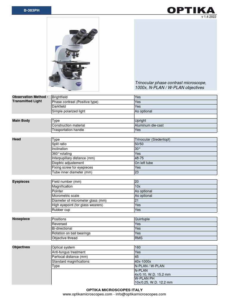 Technical Specifications and Features of the B-383PH Trinocular Phase ...