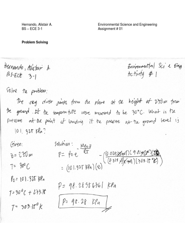 Problem Solving: Hernando, Alistair A. Environmental Science and Engineering BS - ECE 3-1 ...