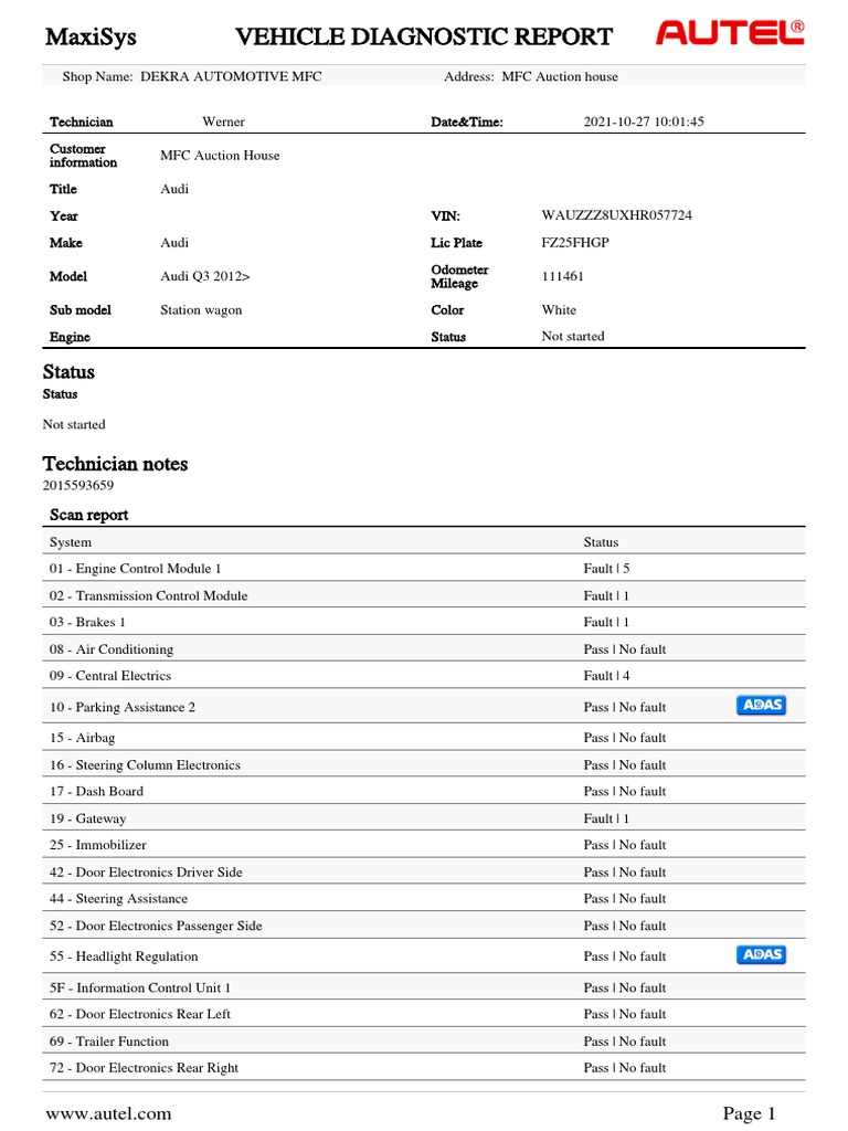 de Kra Diagnostic Report | PDF | Electrical Network | Brake