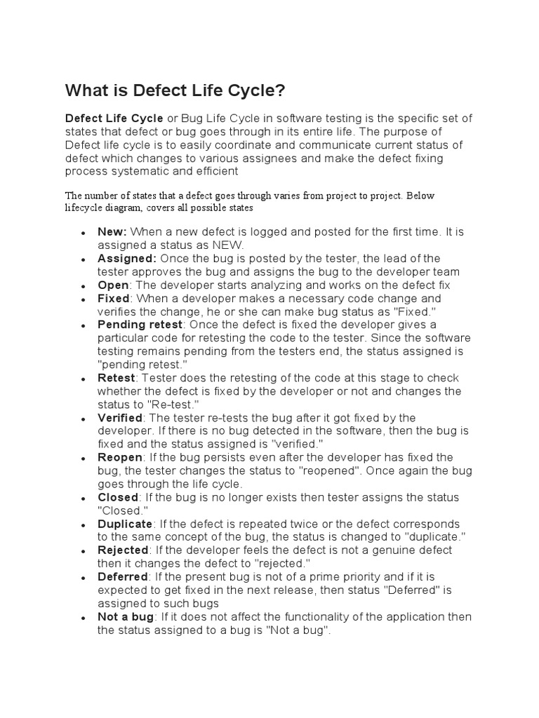 What is Defect Life Cycle | PDF | Software Bug | Software Testing