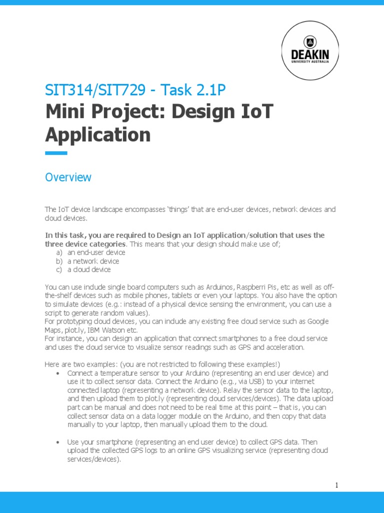 Mini Project: Design Iot Application: Sit314/Sit729 - Task 2.1P | PDF ...