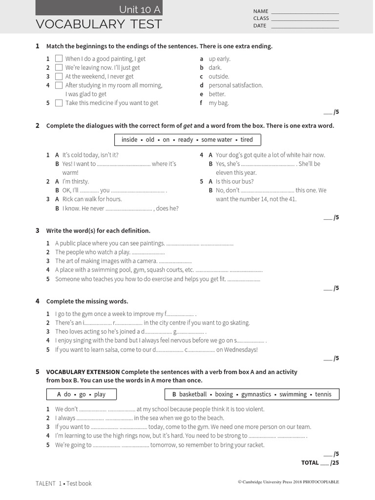 Vocabulary Test: © Cambridge University Press 2018 PHOTOCOPIABLE | PDF