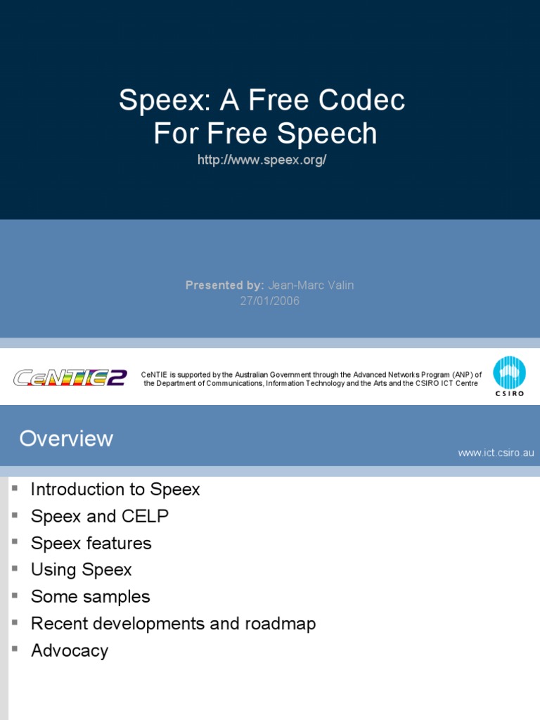 Speex A Free Codec For Free Speech Presented By Jean Marc Valin