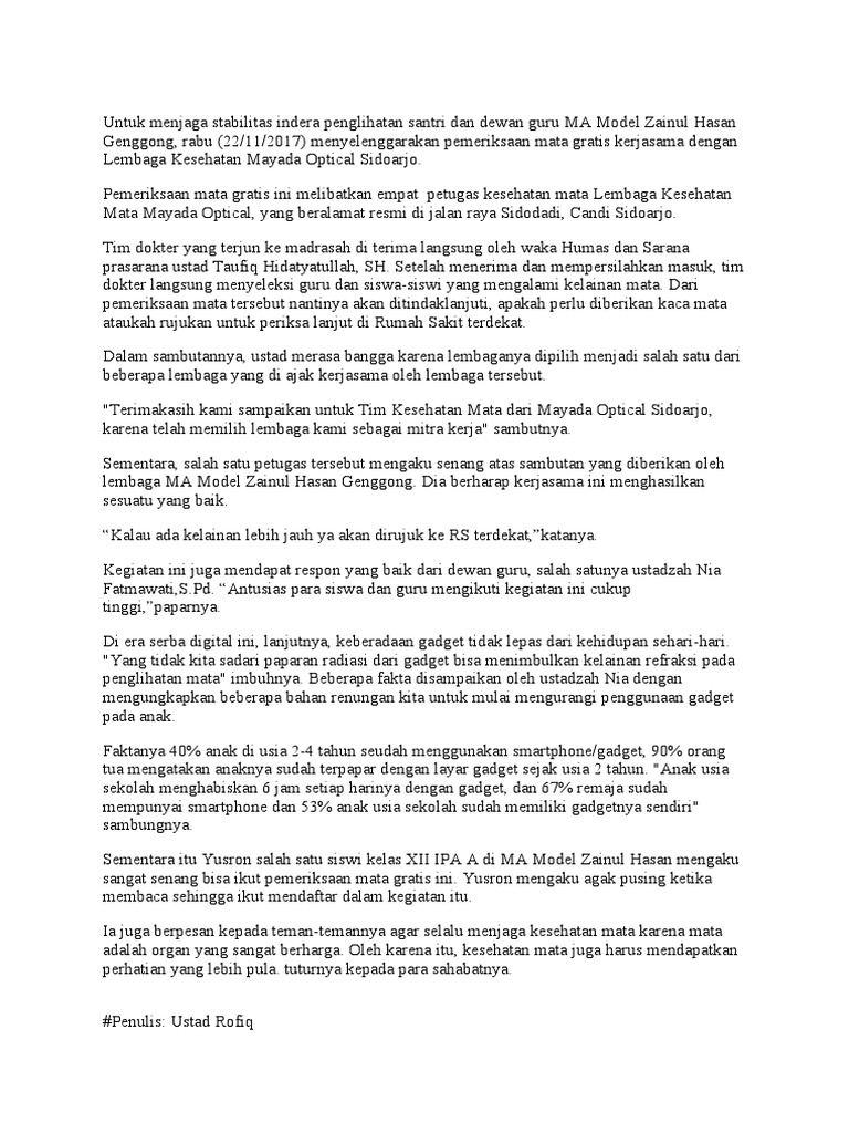 Untuk Menjaga Stabilitas Indera Penglihatan Santri Dan Dewan Guru MA ...